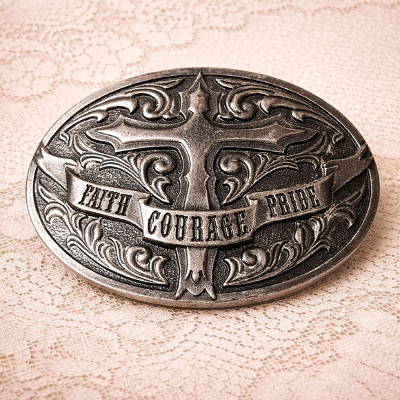 Estate | Accessories | Mens Silver Belt Buckle With Cross Design Faith ...